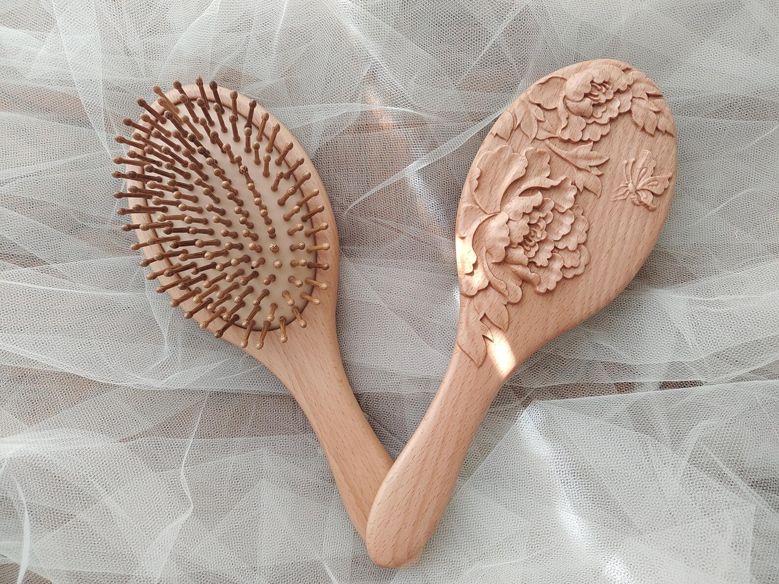 Handcrafted Beechwood Hair Brush Bamboo Bristles & Air Cushion Flower ...