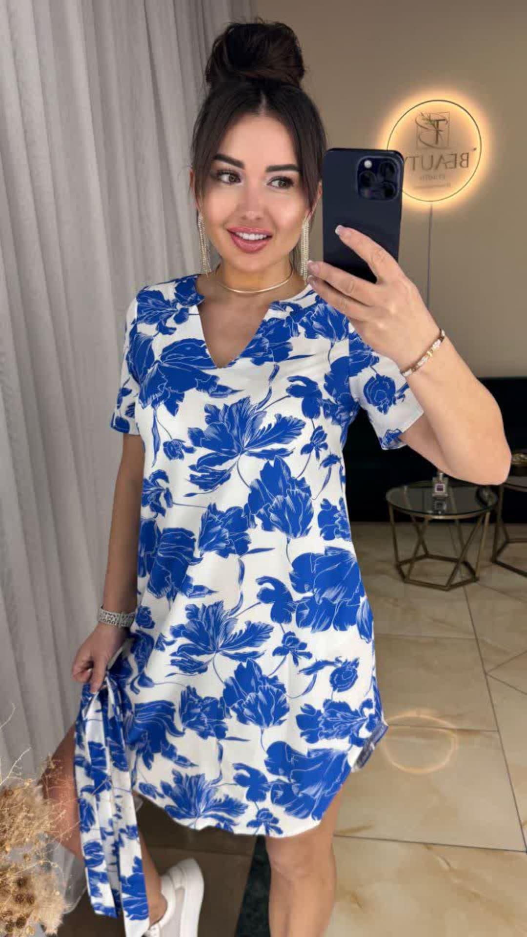 White Blue Flowers Mini Dress With Adjustable Belt | Perfect Boho ...