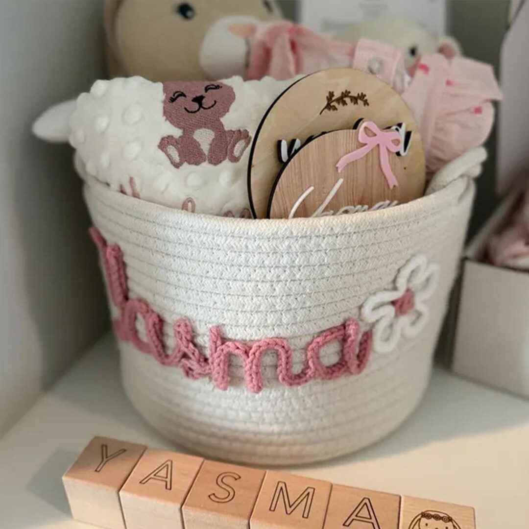 Personalized Baby Basket, Baby Shower Gift Basket, Rope Cotton Baby ...