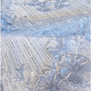 Light Blue Sequin Lace Fabric in 3d Floral Design With Sequins, Bridal ...