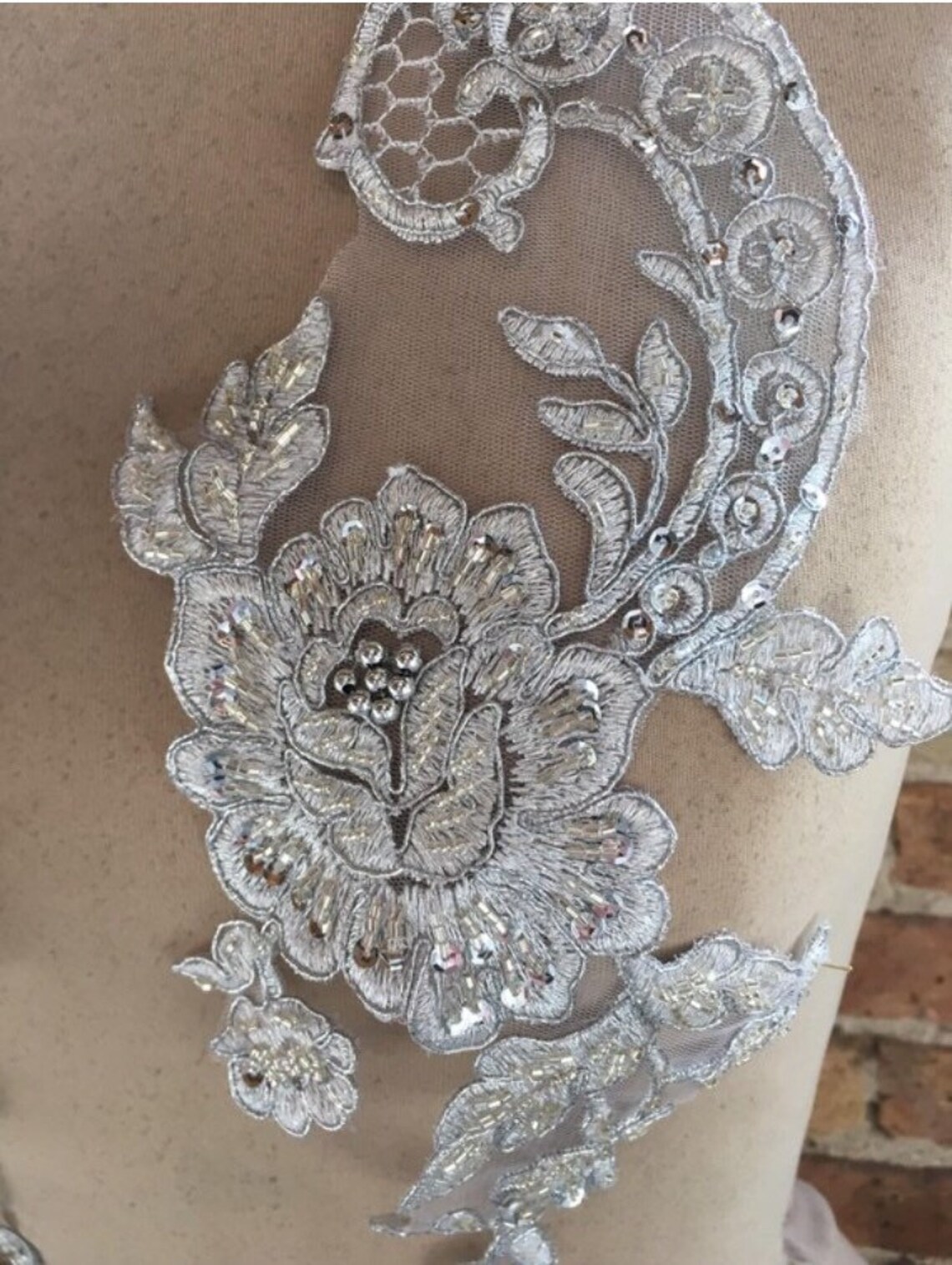 Silver Beaded Appliques on Netting Long Beaded Applique Floral | Etsy