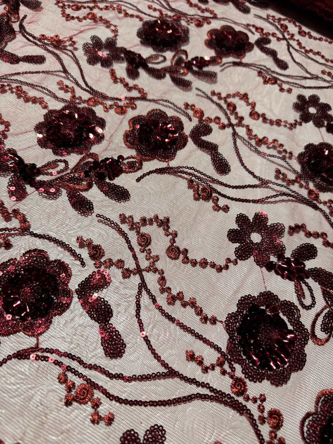 Burgundy Lace Sequin Lace in Floral Design Lace With Burgundy Sequins ...