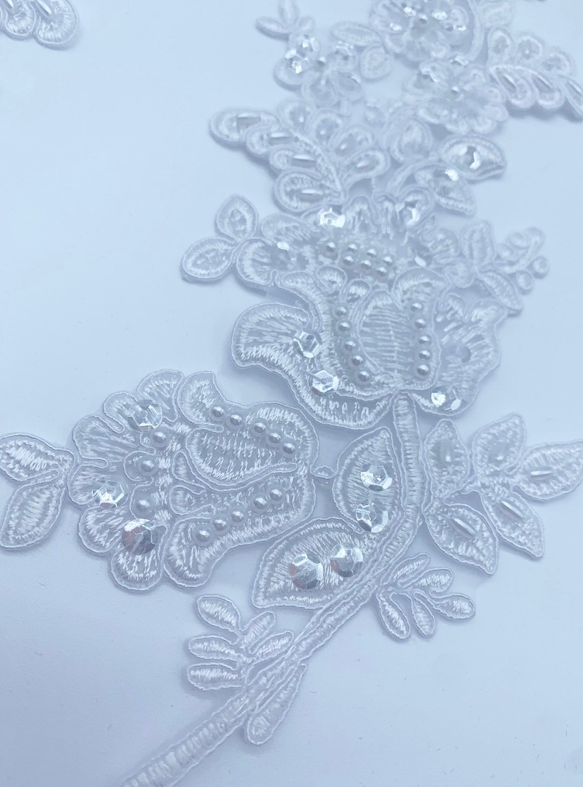 White Beaded Appliques on Netting Applique Pair in White Beaded Organza ...