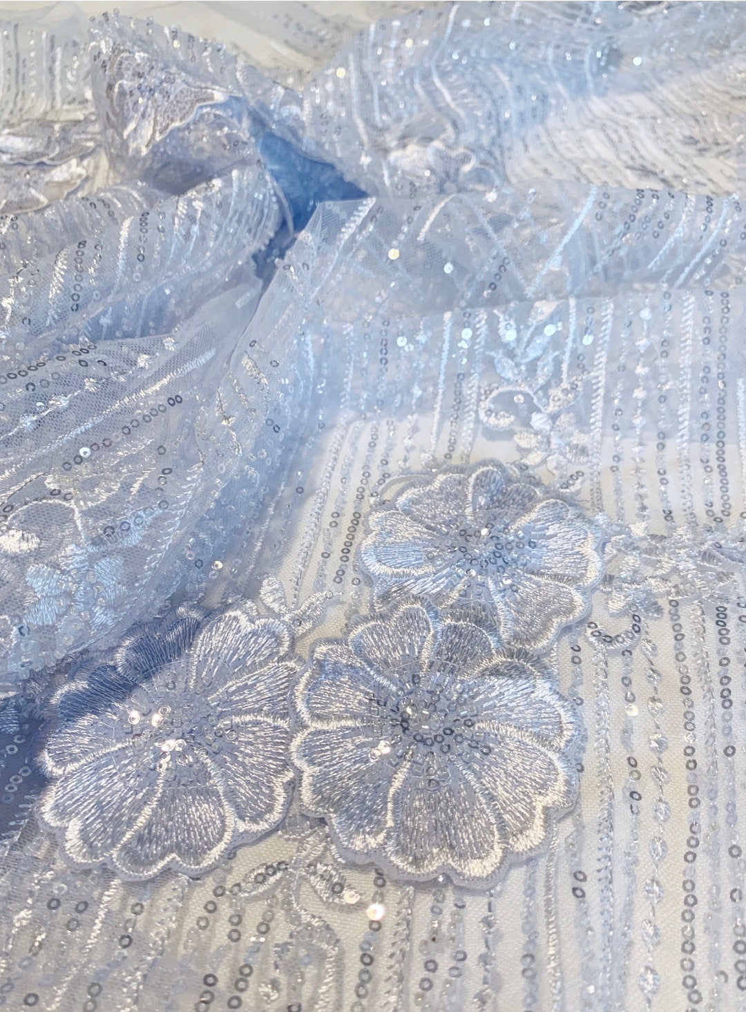Light Blue Sequin Lace Fabric in 3d Floral Design With Sequins, Bridal ...