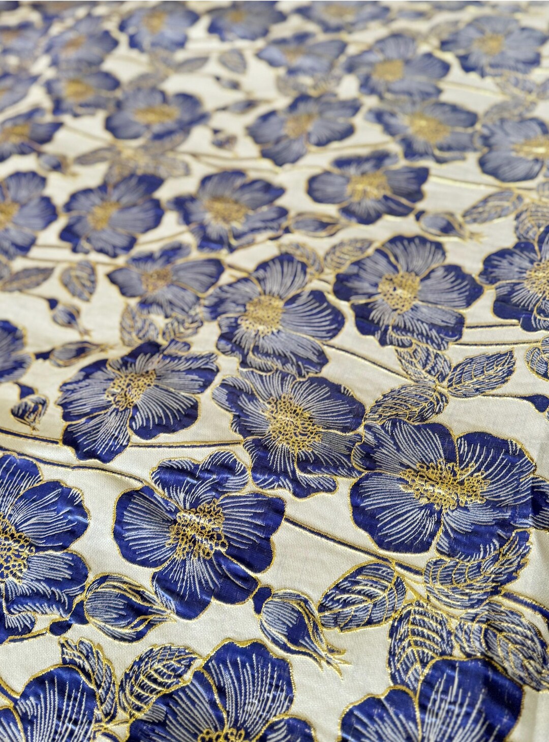 Floral Brocade in a Blue and Gold Colors With Metallic Threading - Etsy