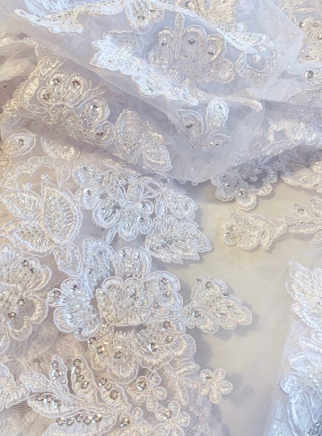 White Lace Beaded Re-embroidered Lace Beaded Trim in Floral Trim With ...