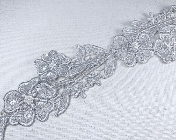 Silver Floral Lace Trim White and Metallic Silver Threading 2 Wide ...