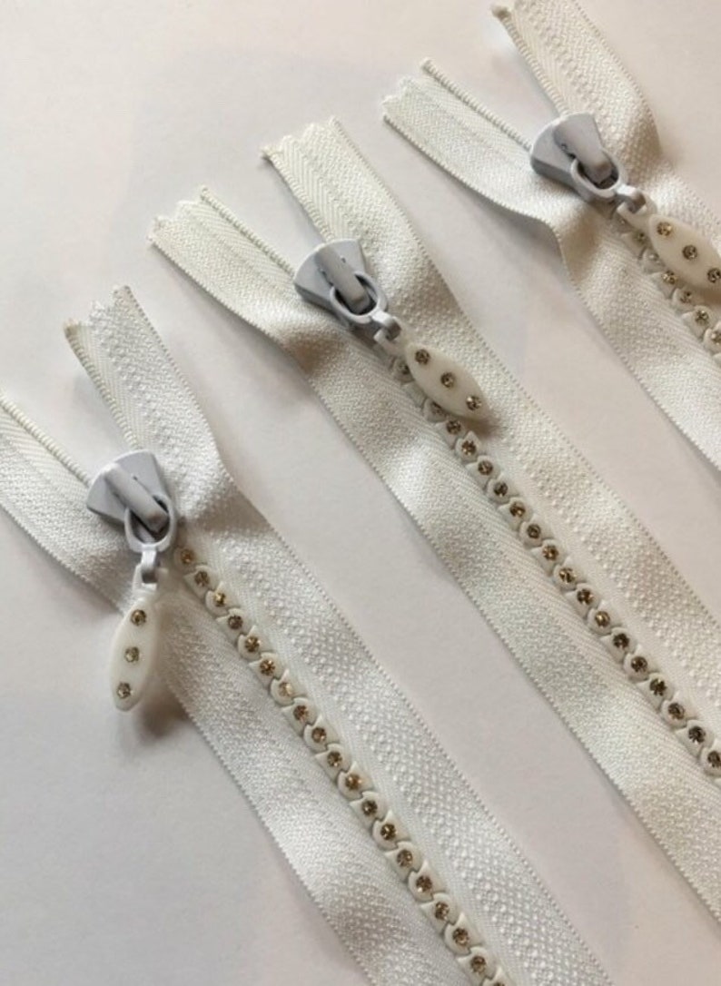 3 White Rhinestone Zippers- 8