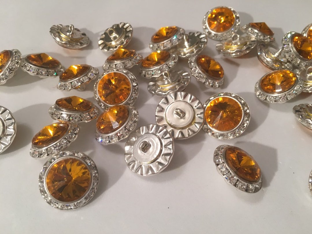 Small Orange Button in Silver Metal Setting With Clear Rhinestone ...