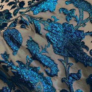 Metallic Brocade in a Floral Pattern With Blue Metallic Threading, Blue ...