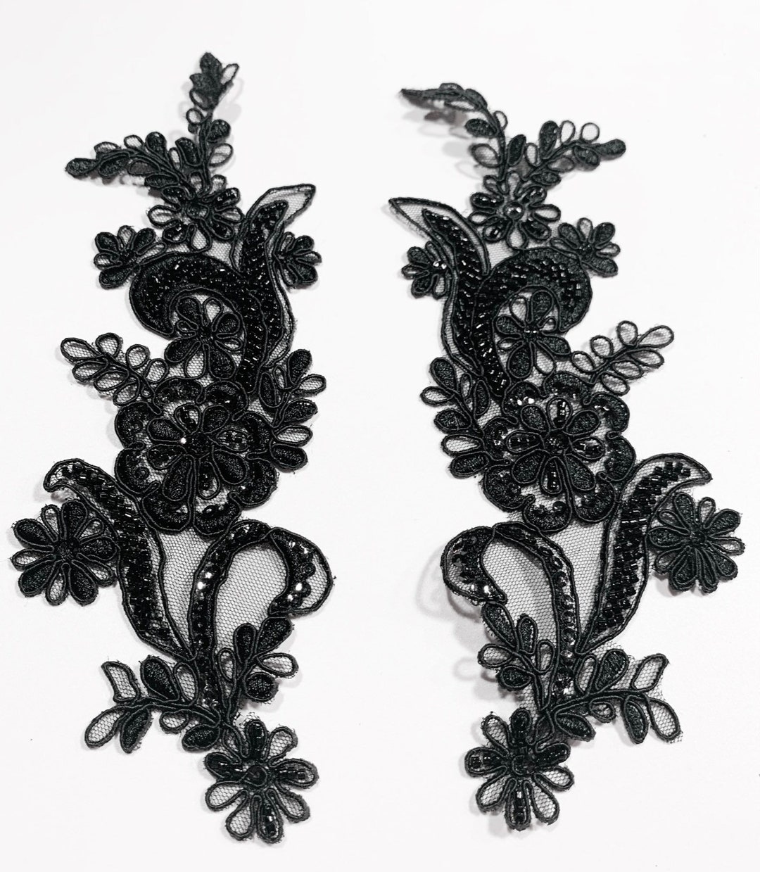 Black Beaded Applique With Black Cording Beaded Applique Lace Pair for ...