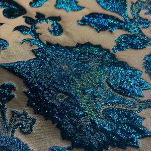 Metallic Brocade in a Floral Pattern With Blue Metallic Threading, Blue ...