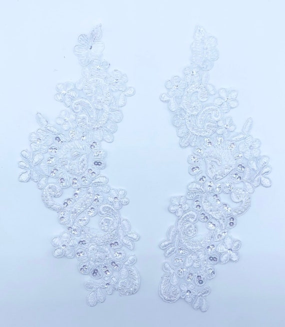 White Beaded Appliques on Netting Applique Pair in White - Etsy