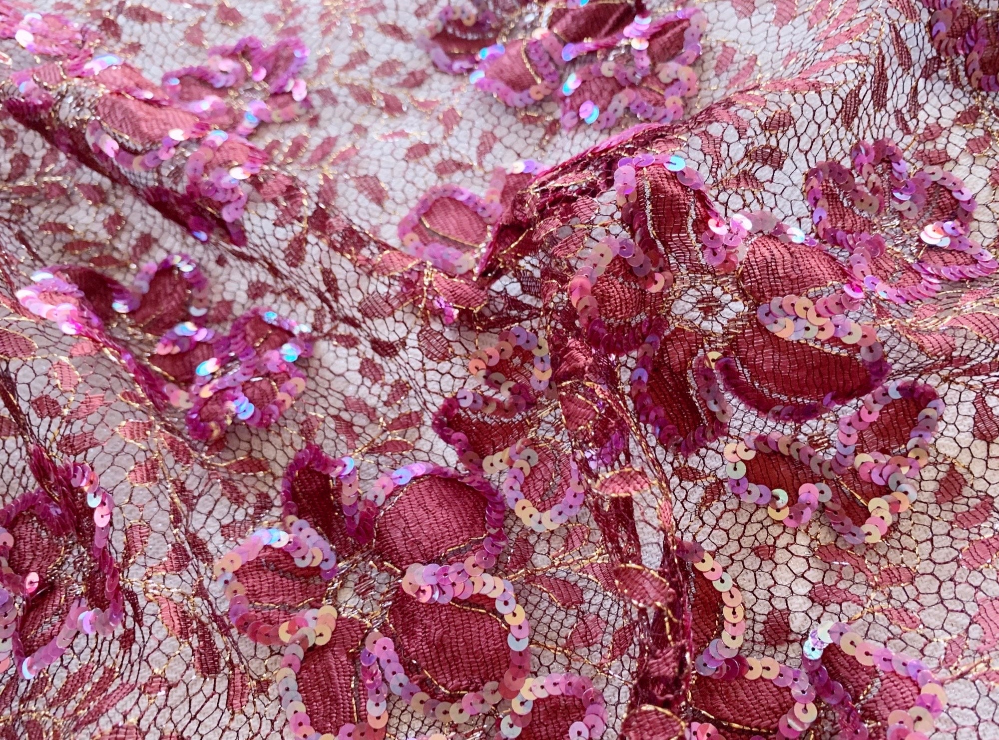 Vintage French Chantilly Lace With Sequins in a Burgundy Fuchsia Color ...