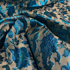 Metallic Brocade in a Floral Pattern With Blue Metallic Threading, Blue ...