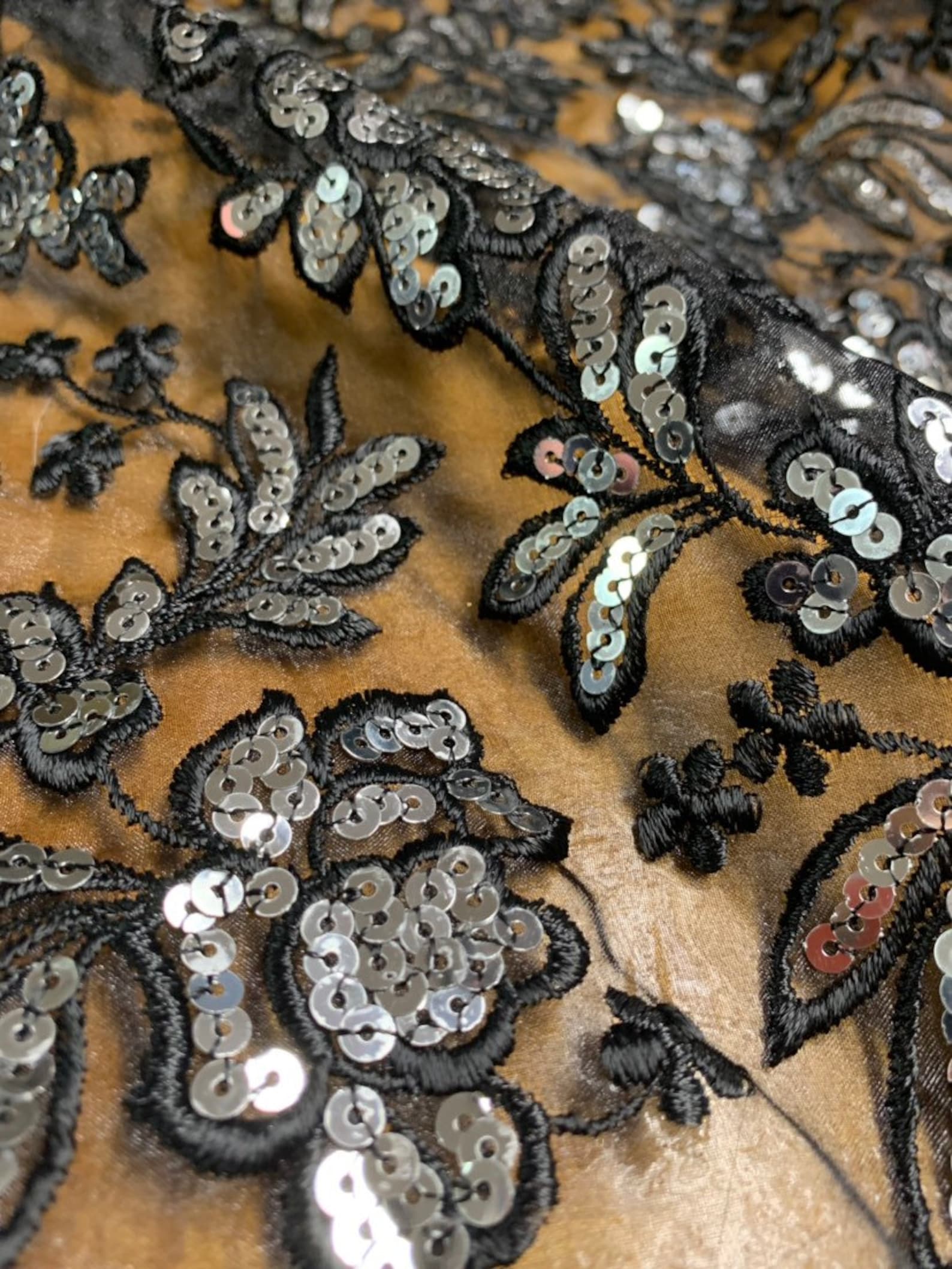 Black Lace Re Embroidered Floral Design Lace Black Lace With Sequins in ...