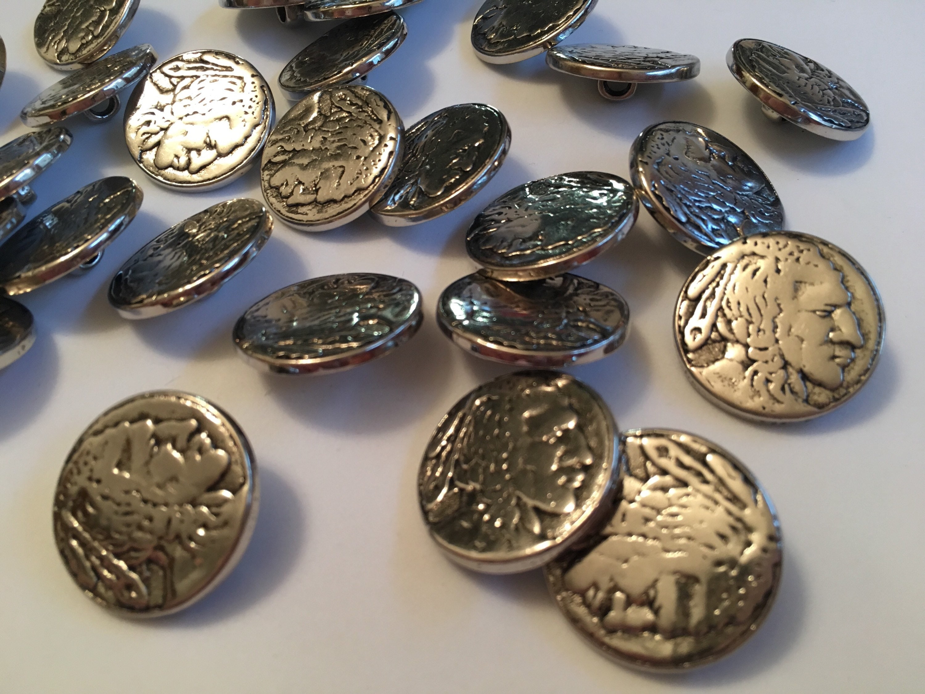 Silver Buffalo Nickel Buttons Medium Button Flat Finish With Etched ...