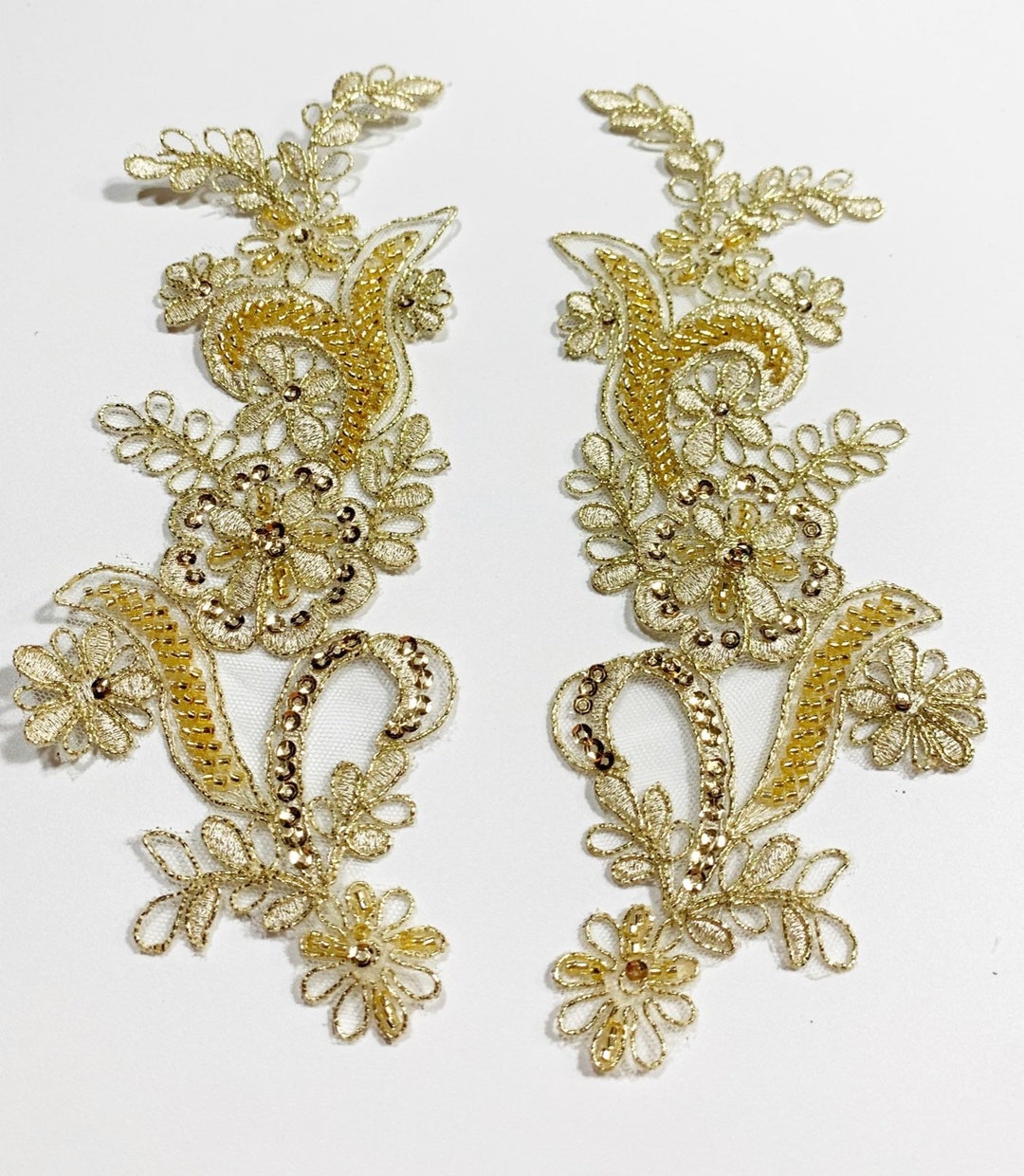 Gold Metallic Beaded Applique, Beaded Applique Lace Pair for Lyrical ...