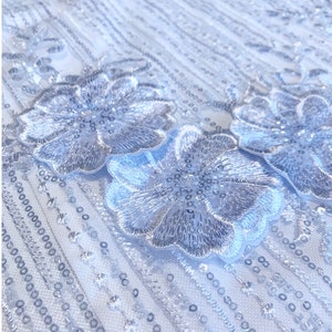 Light Blue Sequin Lace Fabric in 3d Floral Design With Sequins, Bridal ...