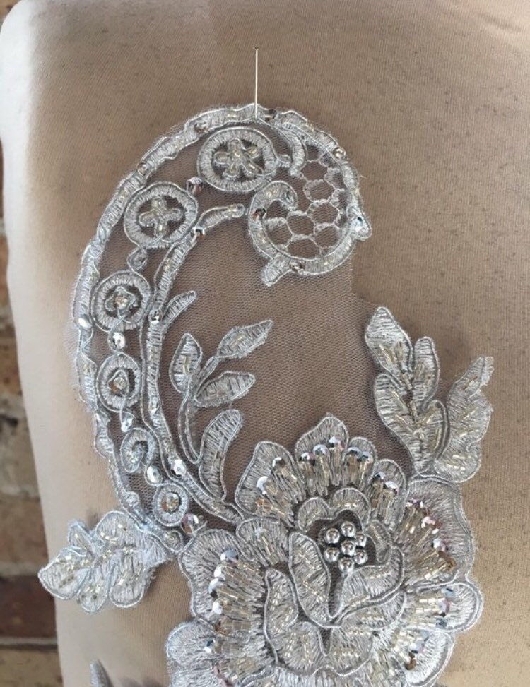 Silver Beaded Appliques on Netting Long Beaded Applique Floral | Etsy