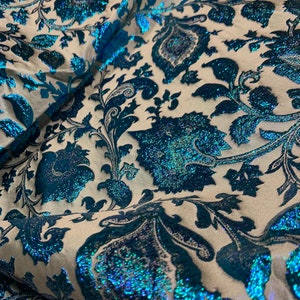 Metallic Brocade in a Floral Pattern With Blue Metallic Threading, Blue ...