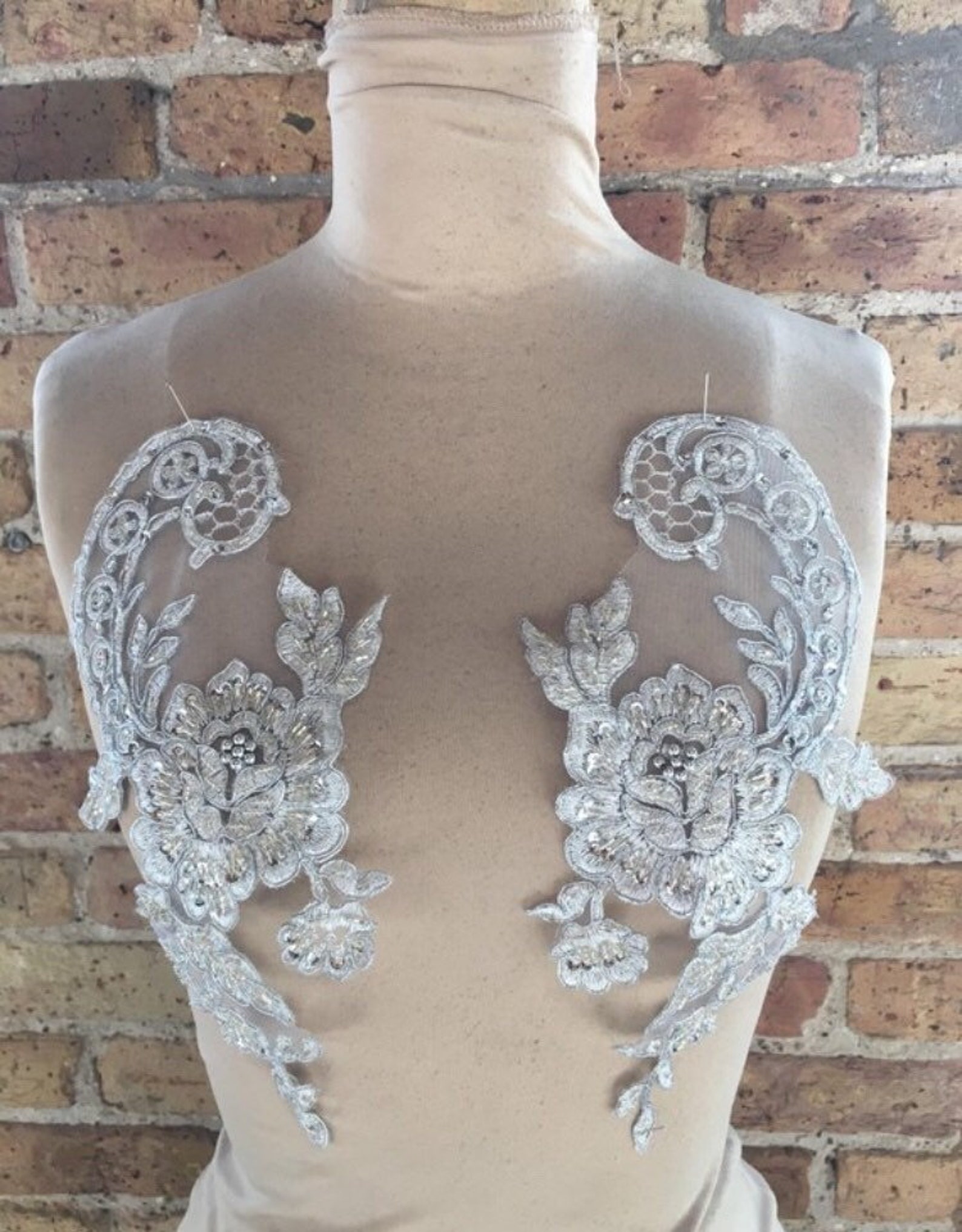 Silver Beaded Appliques on Netting Long Beaded Applique Floral | Etsy