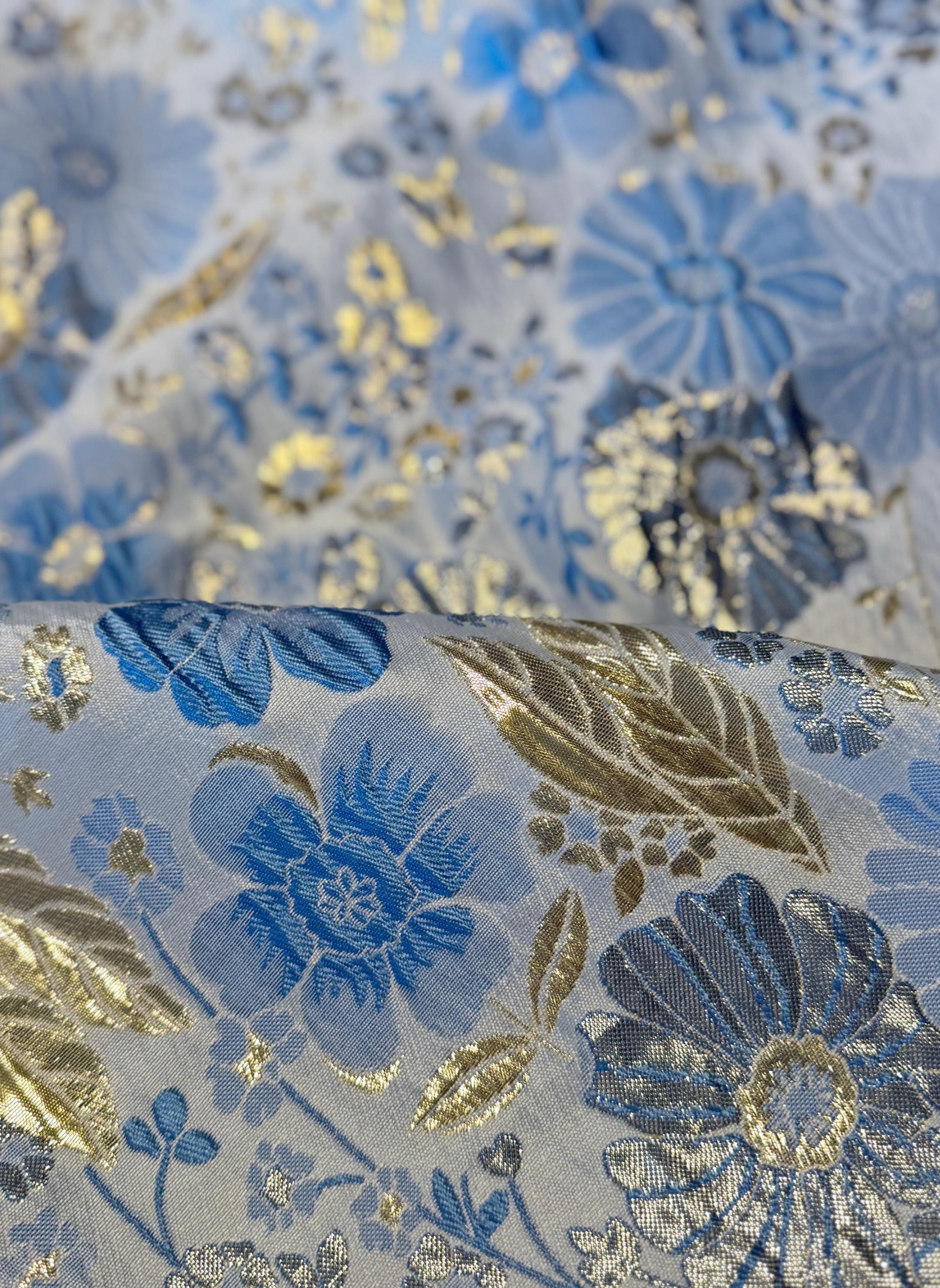 Blue Floral Brocade in a Blue and Gold Colors With Metallic Threading ...