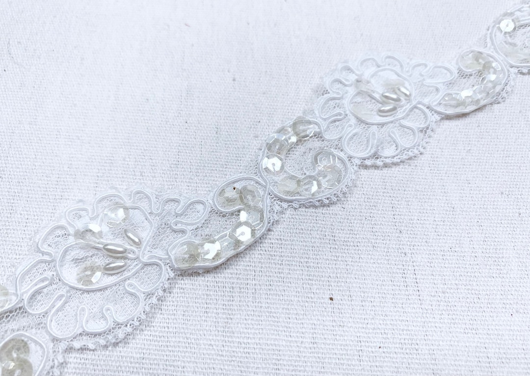 White Beaded Trim in Floral Trim With Sequins and Pearls Bridal Trim ...