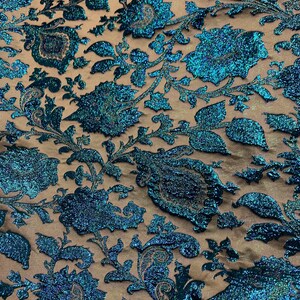 Metallic Brocade in a Floral Pattern With Blue Metallic Threading, Blue ...