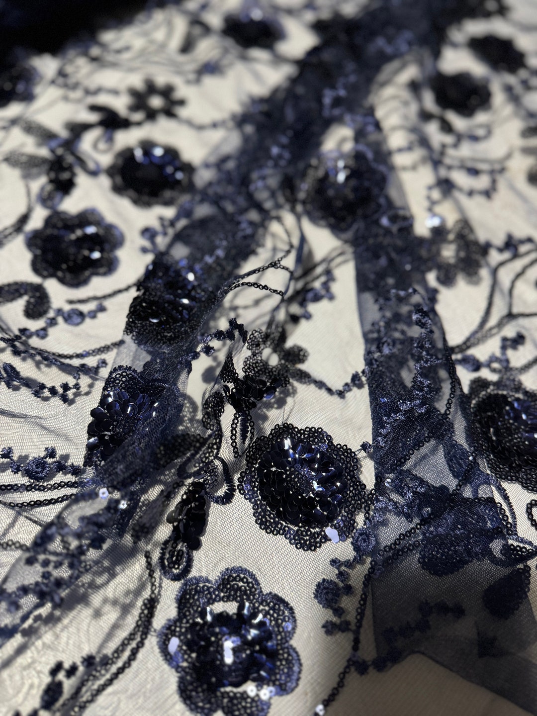 Navy Lace Sequin Lace in Floral Design Lace With Navy Blue Sequins ...