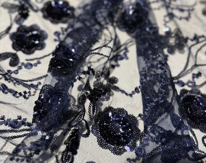 Navy Lace Sequin Lace in Floral Design Lace With Navy Blue Sequins ...