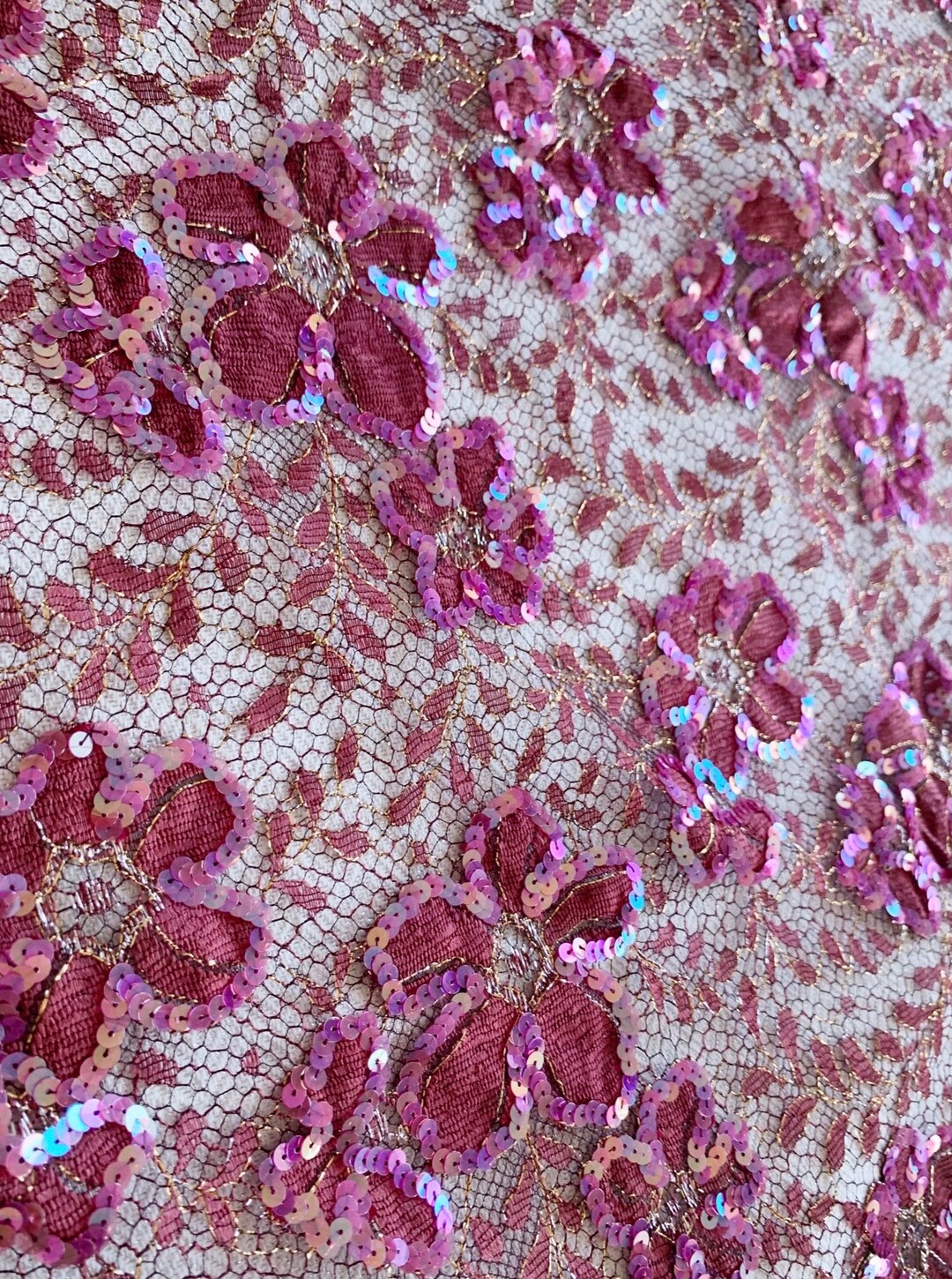 Vintage French Chantilly Lace With Sequins in a Burgundy Fuchsia Color ...