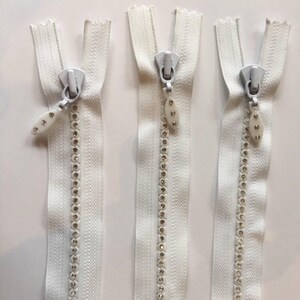 3 White Rhinestone Zippers- 8" Long Nylon Coil Non Separating Zipper - Etsy
