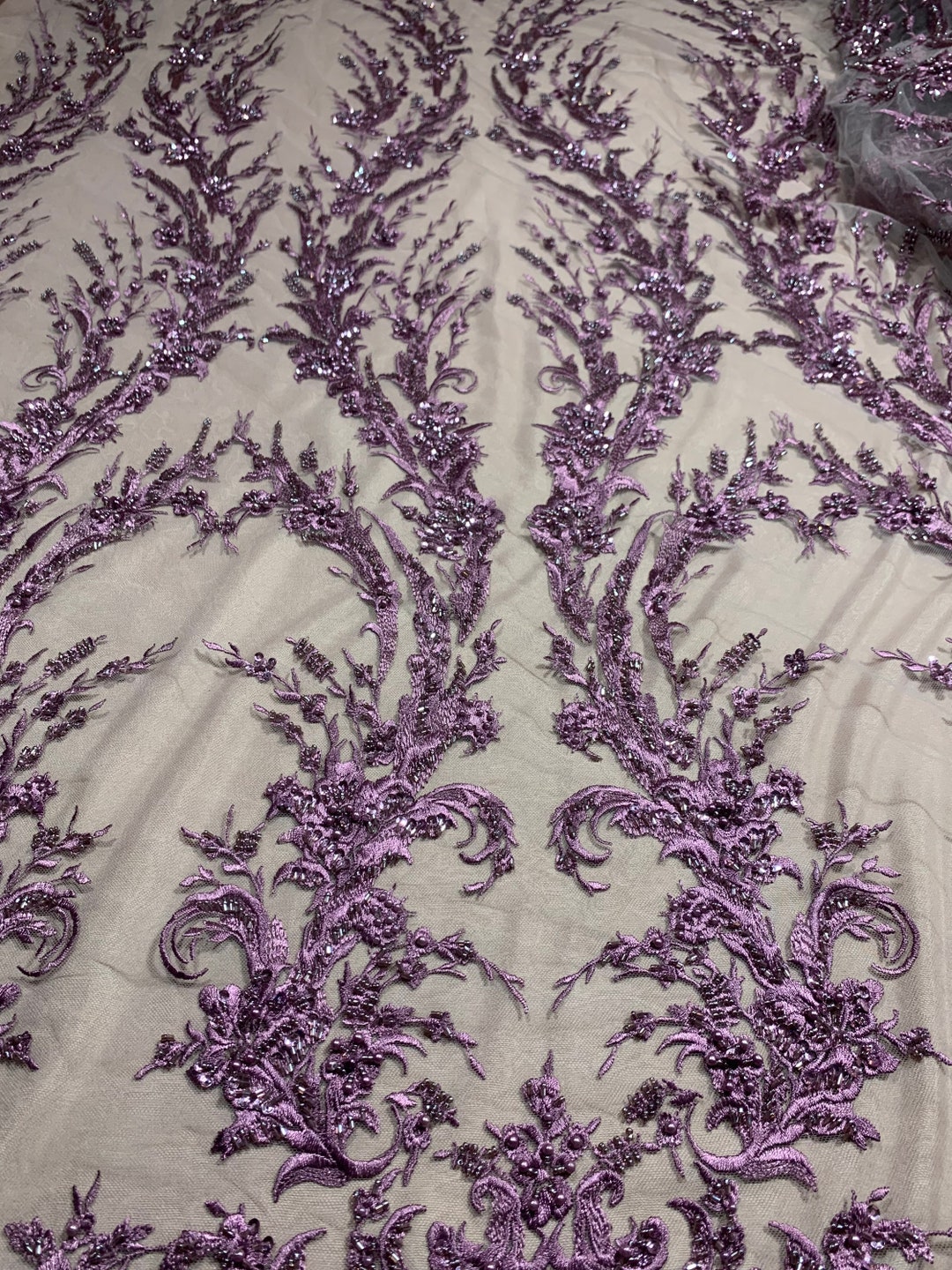 Lilac Lace Beaded Re-embroidered Beaded Lace in Floral Design Lace With ...