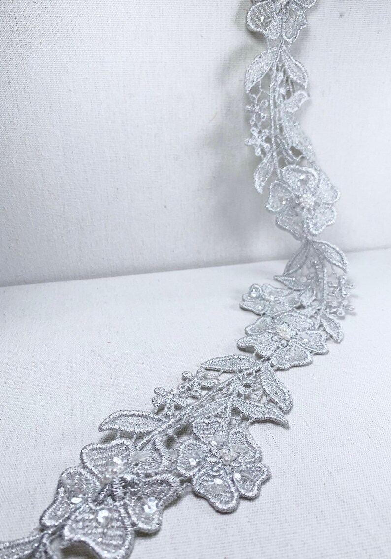Silver Floral Lace Trim White and Metallic Silver Threading 2 - Etsy