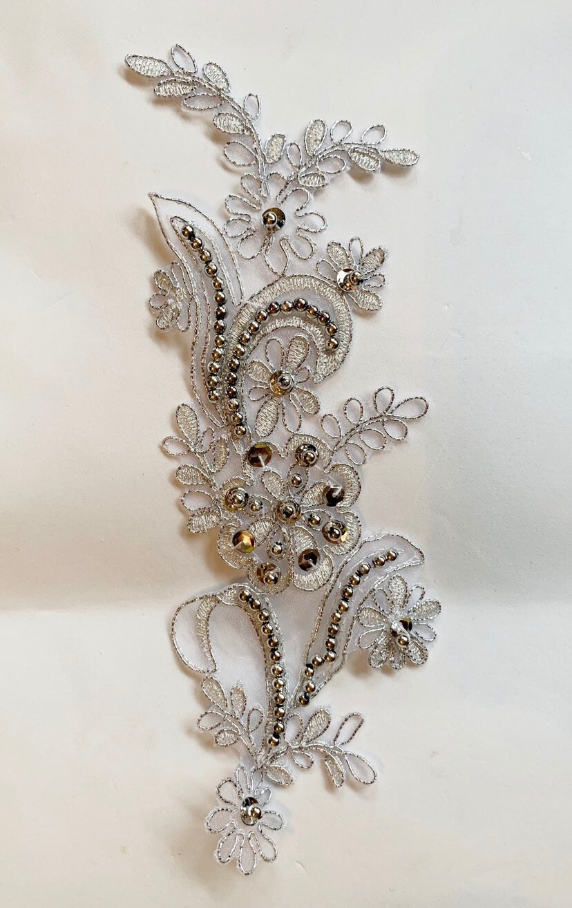 Silver metallic beaded Applique beaded Applique lace pair for | Etsy