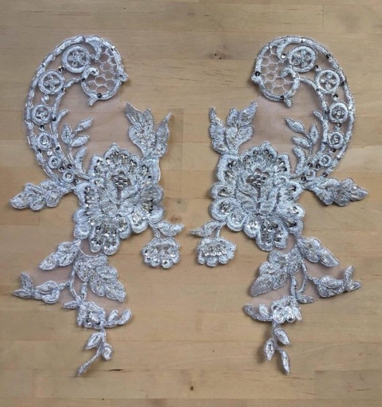 Silver Beaded Appliques on Netting Long Beaded Applique Floral | Etsy