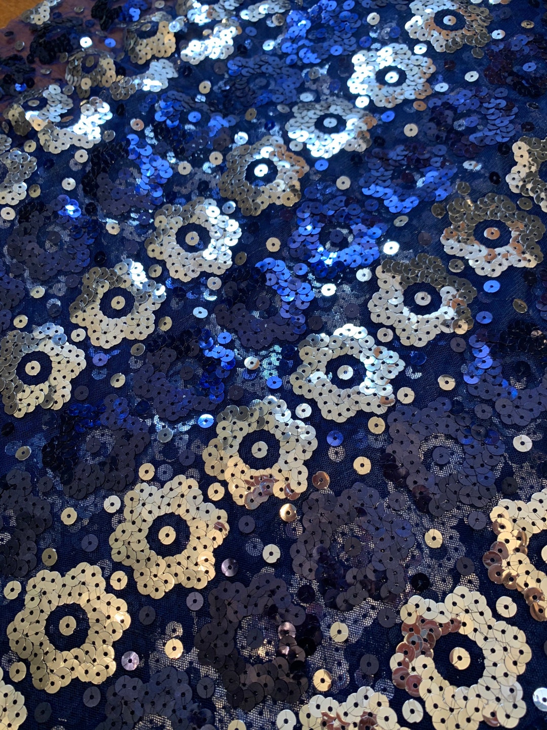 Floral Sequin Design in Royal Blue and Silver Sequin Design on Chiffon ...