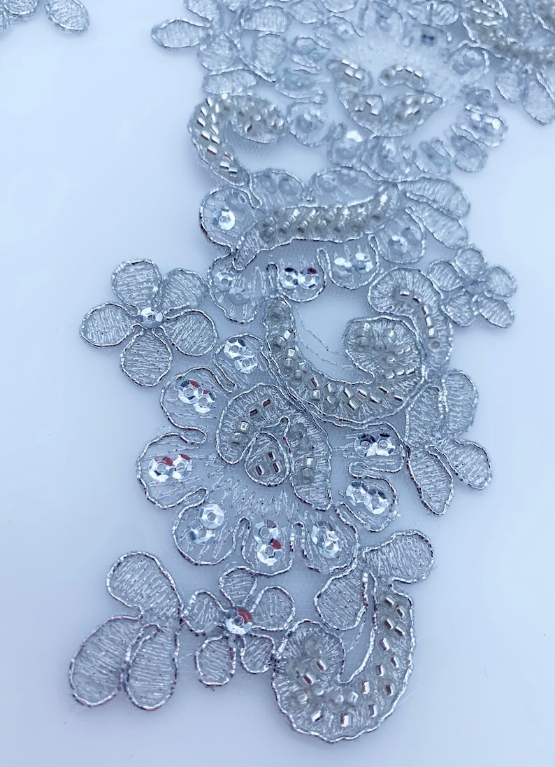 Silver Metallic Beaded Applique on Netting, Beaded Aplique Lace Pair ...