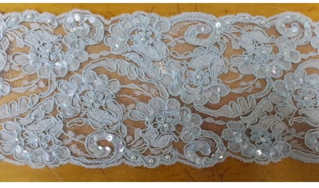 Light Blue Trim Re-embroidered Beaded Trim in Floral Trim With Sequins ...