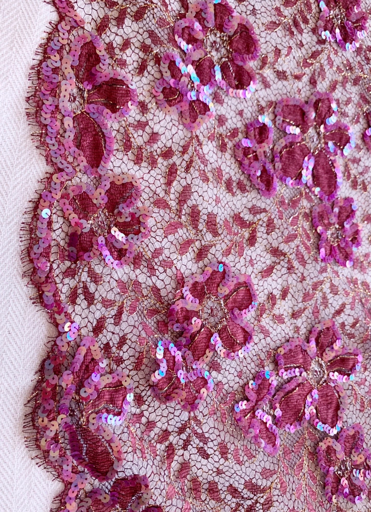 Vintage French Chantilly Lace With Sequins in a Burgundy Fuchsia Color ...