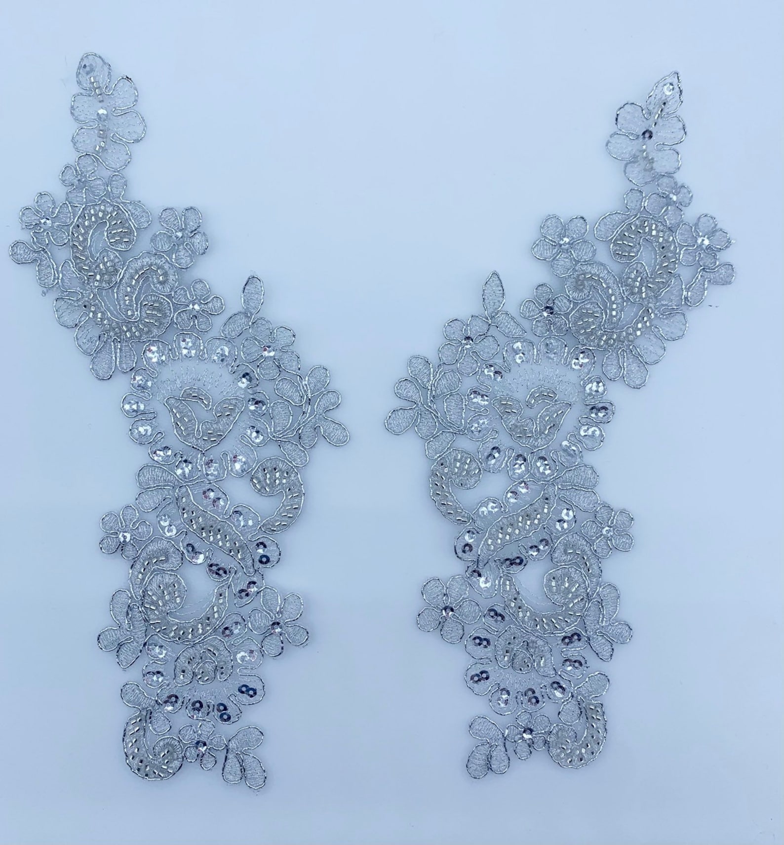 Silver Metallic Beaded Applique on Netting, Beaded Aplique Lace Pair ...