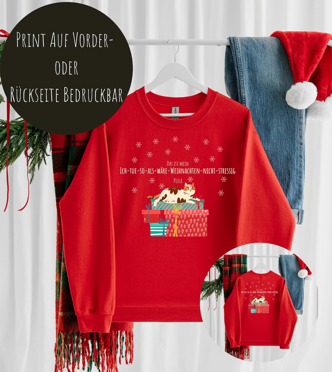 Weihnachts-Pulli mit Katzen-Print, Humorvoller Spruch, Perfekt für die ...