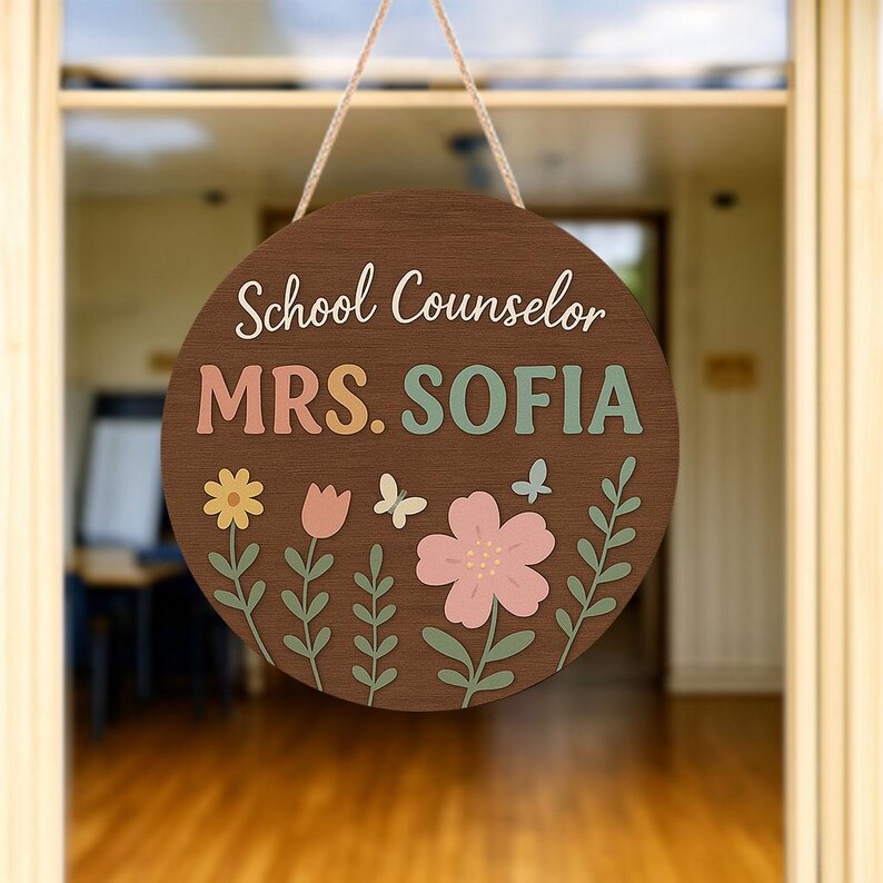Floral School Counselor Door Sign, Custom Name Office Decor, Peaceful ...