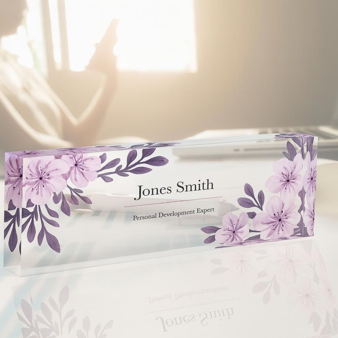 Custom Desk Name Plate, Purple Flowers Acrylic Name Plate, Personalized ...