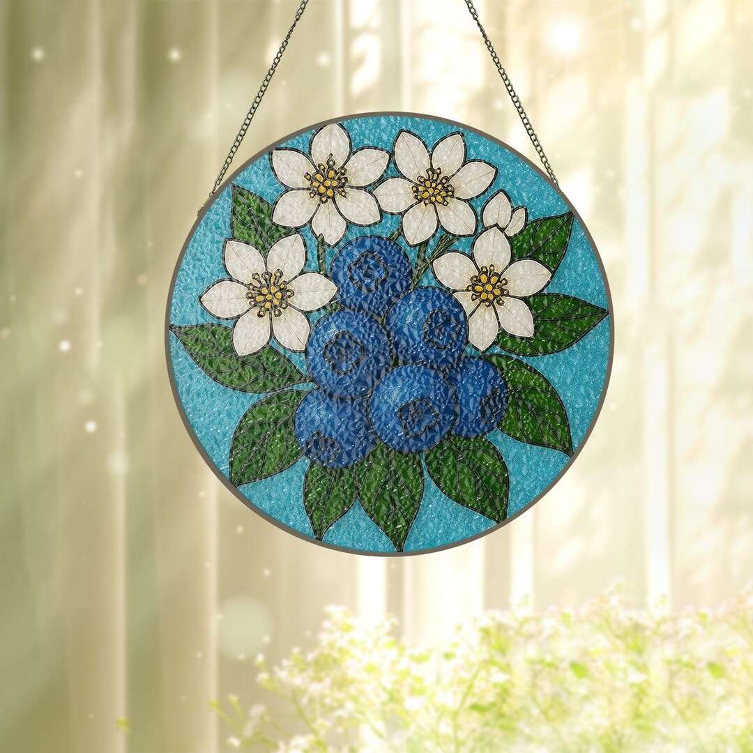 Blueberry Stained Glass Suncatcher – Handmade Fruit Window Hanging With ...