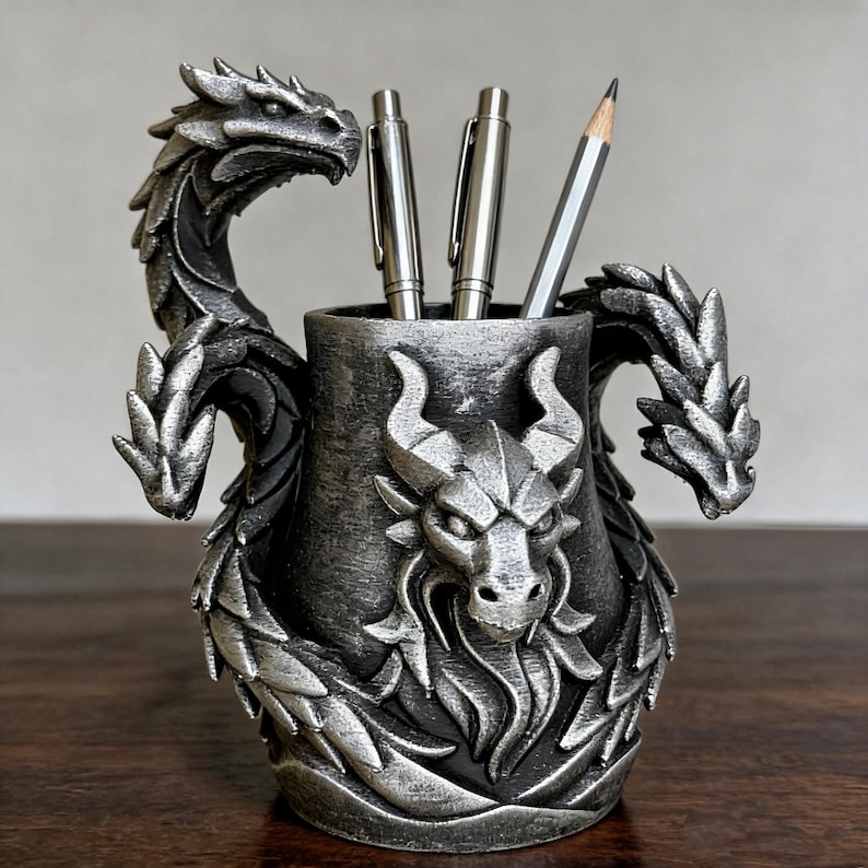 3D Printed Hand-painted Three-headed Dragon Pen Holder, Fantasy Desk ...