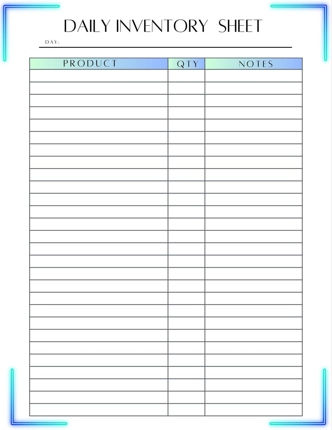 Daily Inventory Sheet Blue Glow - Etsy
