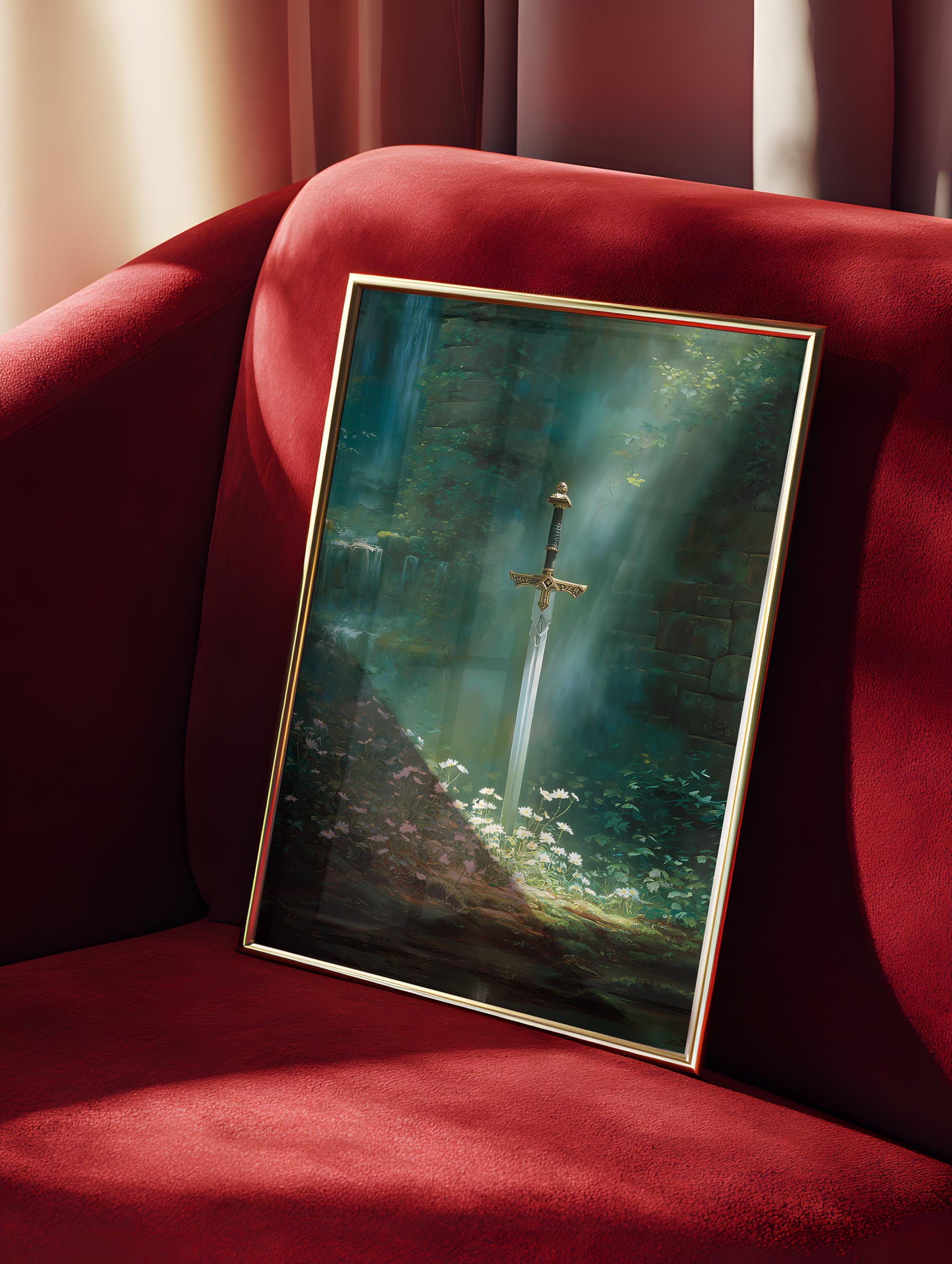 Excalibur Sword Painting, Medieval Decor, Enchanted Forest Print, King ...