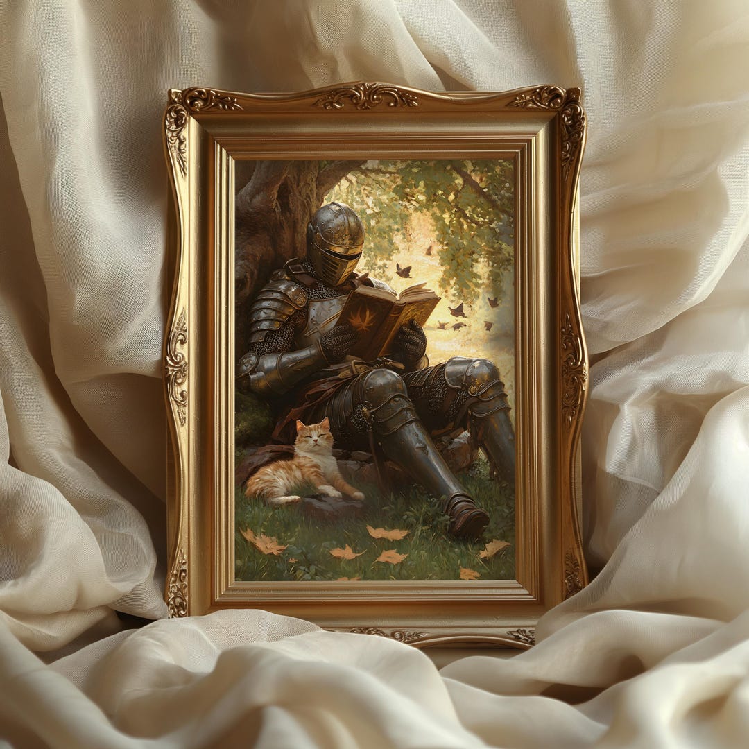 Medieval Knight Reading With Cat: Fantasy Victorian Wall Art, Cozy Book ...